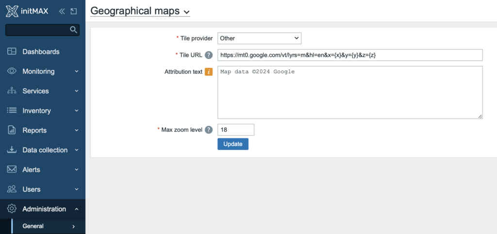 Using Google maps in the Zabbix Geomap widget - initMAX s.r.o.